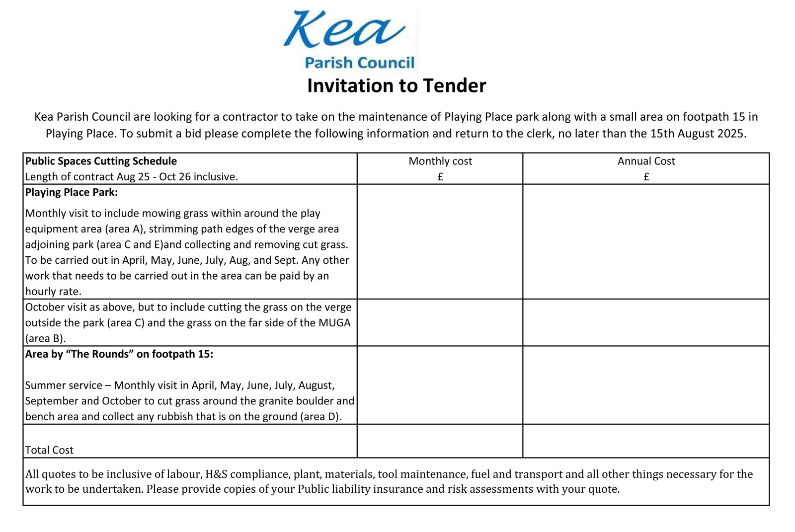 Invitation to Tender – Kea Parish Council